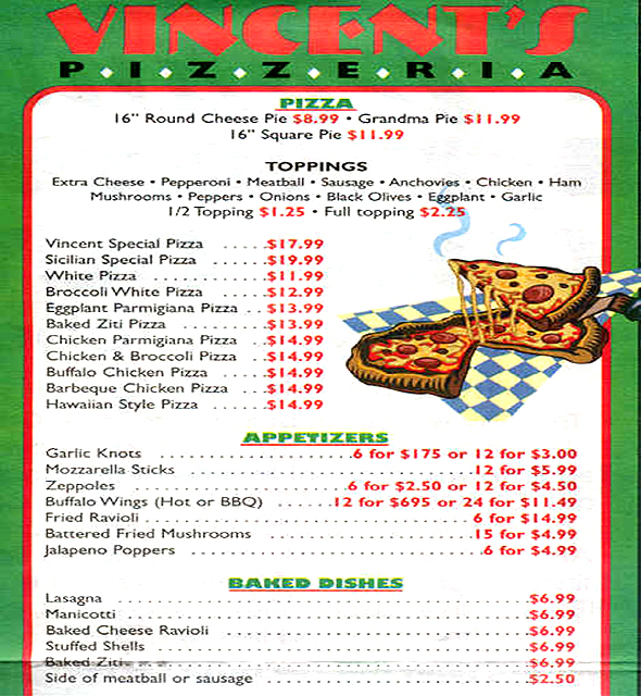 Vincent's Menu - Please visit the Updated Menu for new pricing
