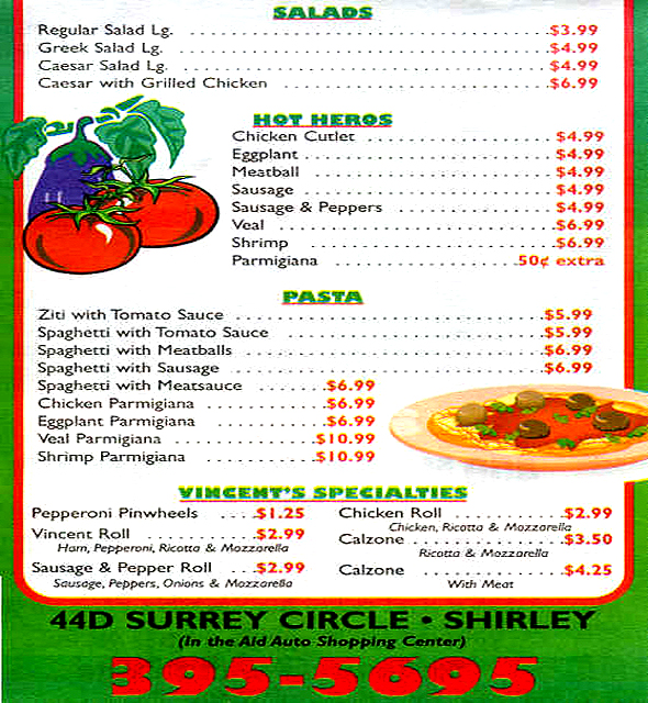 Vincent's Menu - Please visit the Updated Menu for new pricing